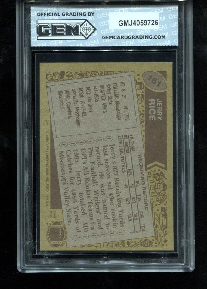 Jerry Rice Rookie 1986 Topps #161 RC Card NFL San Francisco 49ers GEM ...