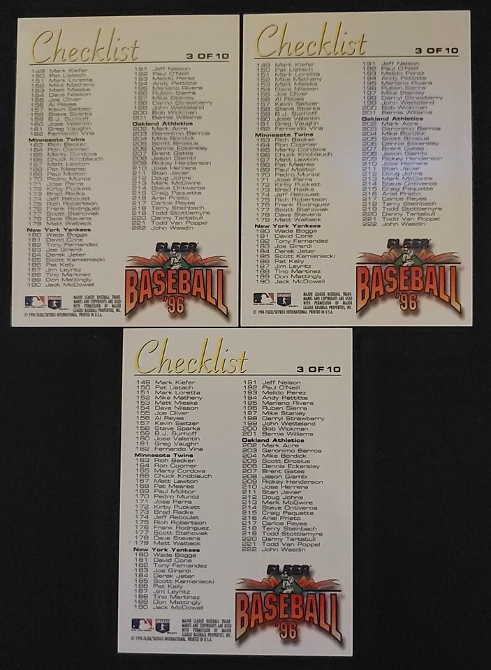 Lot of 3 1996 Fleer Baseball #3 Chipper Jones Unmarked Checklist ...