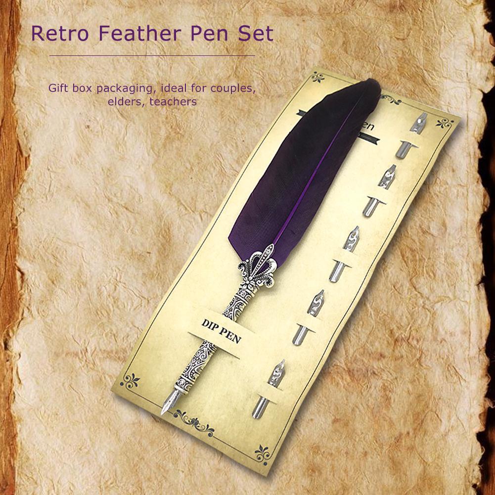 Calligraphy Feather Dip Pen+5 Nib Writing Ink Quill Fountain Pen ...