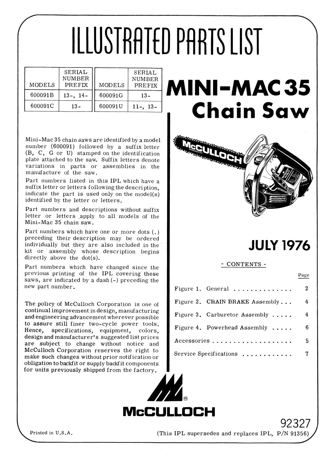 JULY 1976 MINI-MAC 35 McCULLOCH CHAIN SAW ILLUSTRATED PARTS LIST MANUAL ...