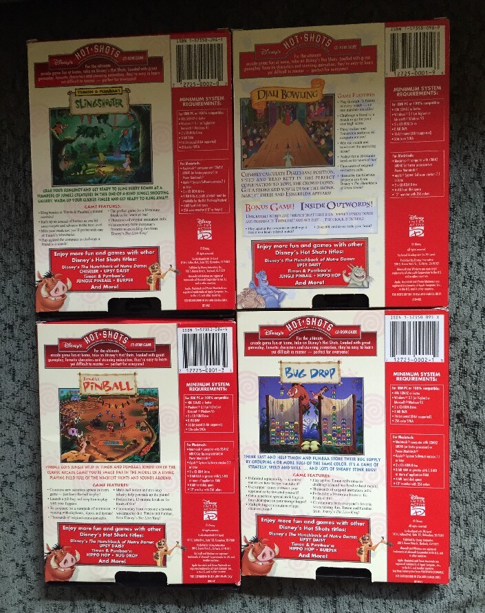 Disney CD-Rom game Lot 4 Bug Drop, Djali Bowling, Slingshooter, Jungle ...