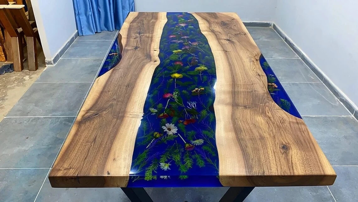 Flowers Walnut Blue Epoxy Resin Table/epoxy computer desk/epoxy coffee ...