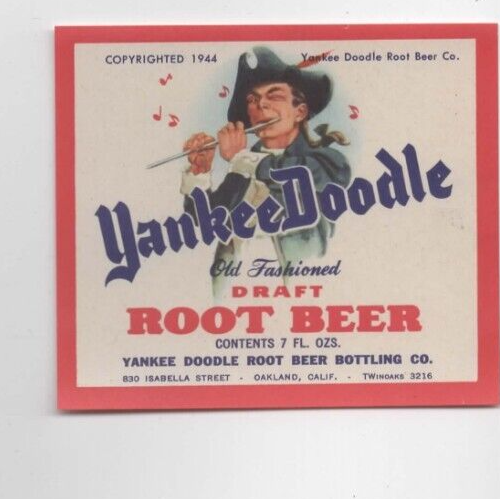 YANKEE DOODLE, DRAFT ROOT BEER, LABEL (3-1/4 x 2-3/4 Inches, Dated 1944 ...
