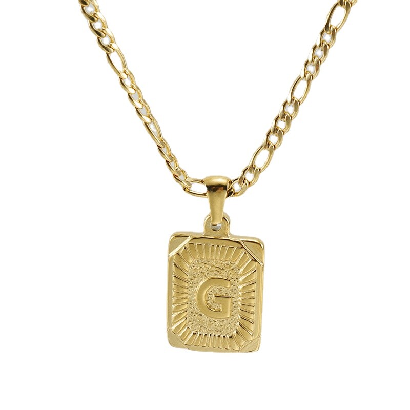 18K Gold Plated Square Capital Letter A-Z Monogram Pendant Figaro Chain ...