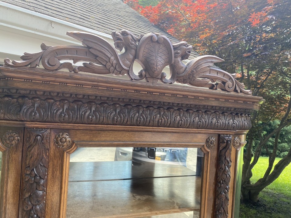 R. J. HORNER OAK 3 DOOR WINGED GRIFFIN CHINA CABINET | eBay
