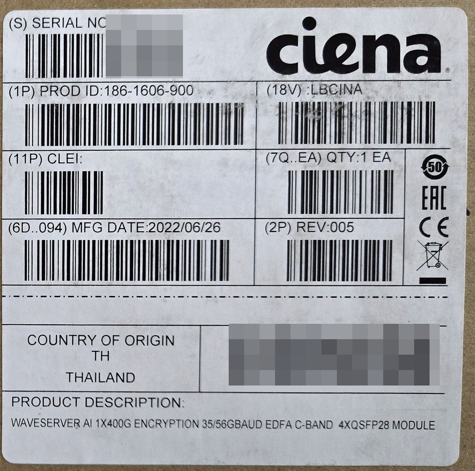 NEW Ciena Waveserver AI 1x400G Encryption 35/56GBaud EDFA C-Band ...