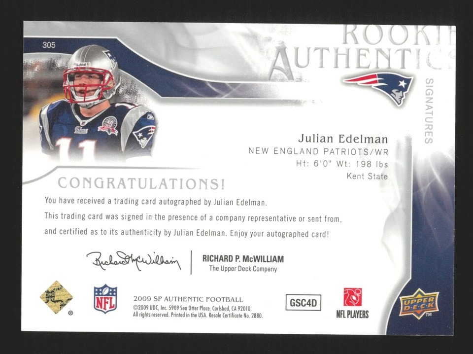 2009 SP Authentic JULIAN EDELMAN #305 Rc Rookie Auto /999 | eBay