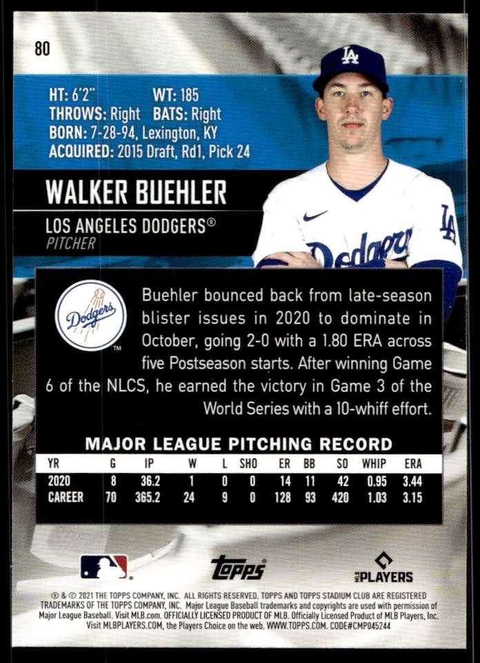 2021 Stadium Club Walker Buehler Los Angeles Dodgers #80 | eBay