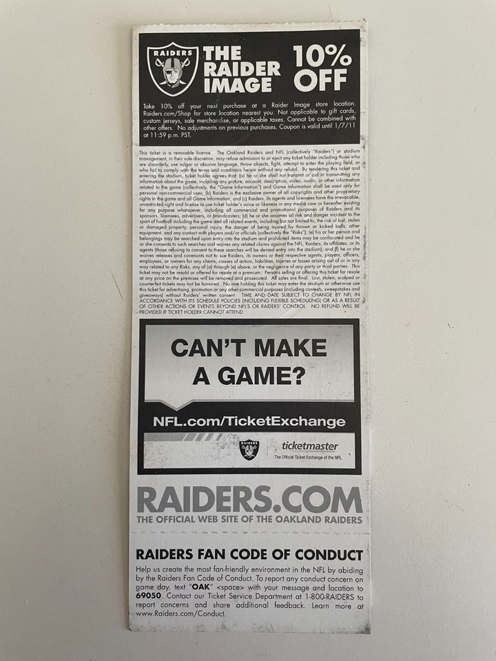 NFL Game Ticket 11/28/2010 Raiders Vs. Dolphins | eBay