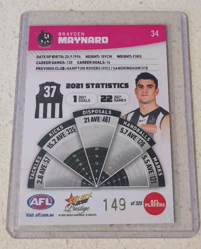 2022 Footy Stars Prestige Brayden Maynard pink 149/325 Collingwood #34 ...