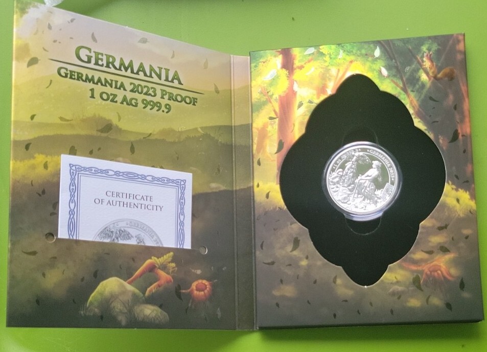 1 OZ .999 PURE SILVER PROOF 2023 GERMANIA 5 MARK ROUND BULLION COIN COA ...