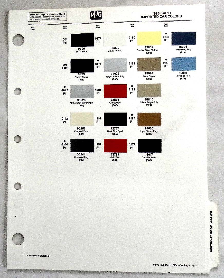 1986 ISUZU PPG COLOR PAINT CHIP CHART ALL MODELS | eBay
