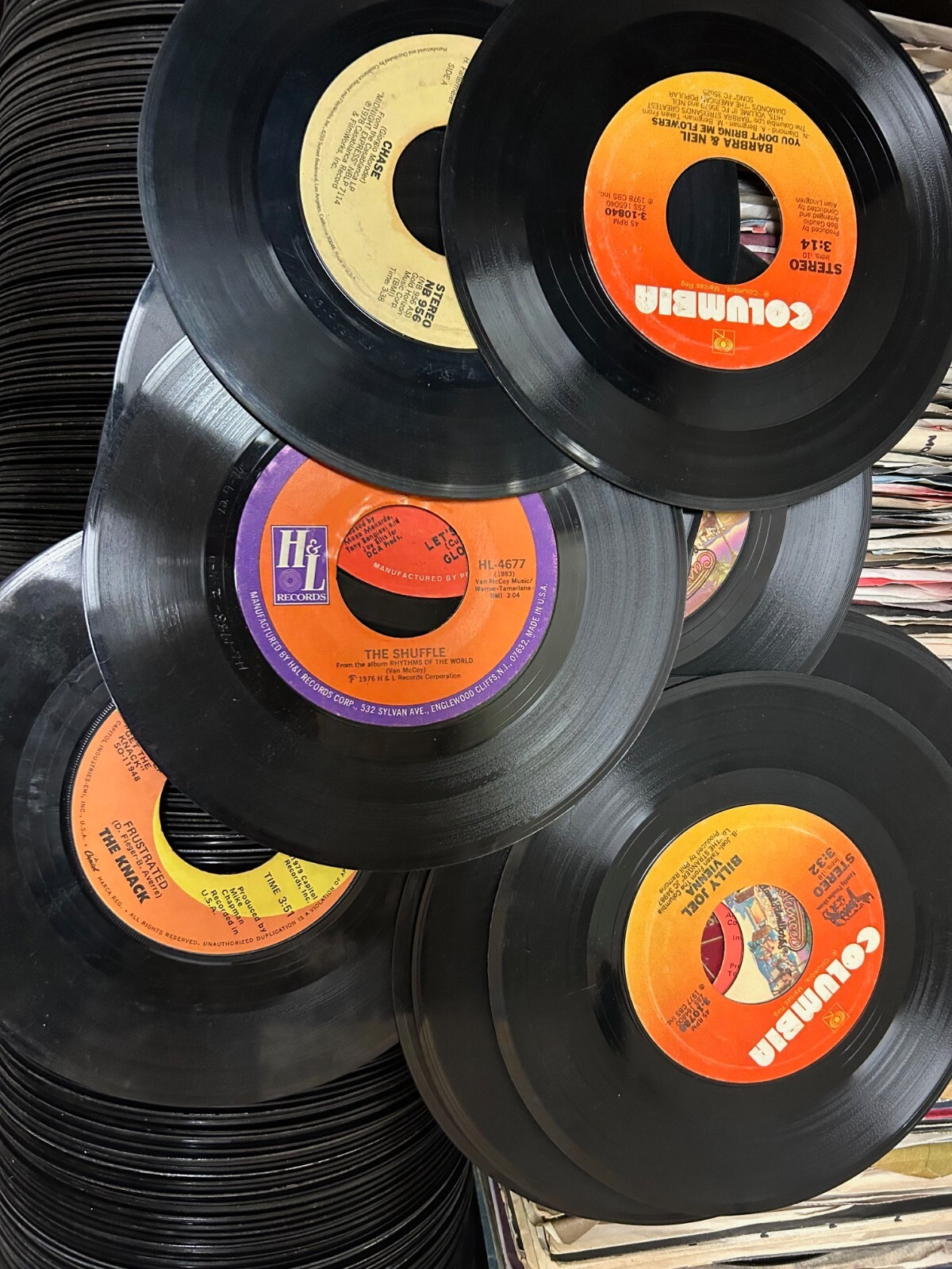 Large lot of 45 RPM vinyl records. Lot of 50 - 7" 45 RPM vinyl record ...