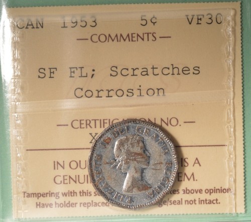 1953 Canada Five Cents - SF FAR LEAF MULE Graded - ICCS VF-30 serial ...