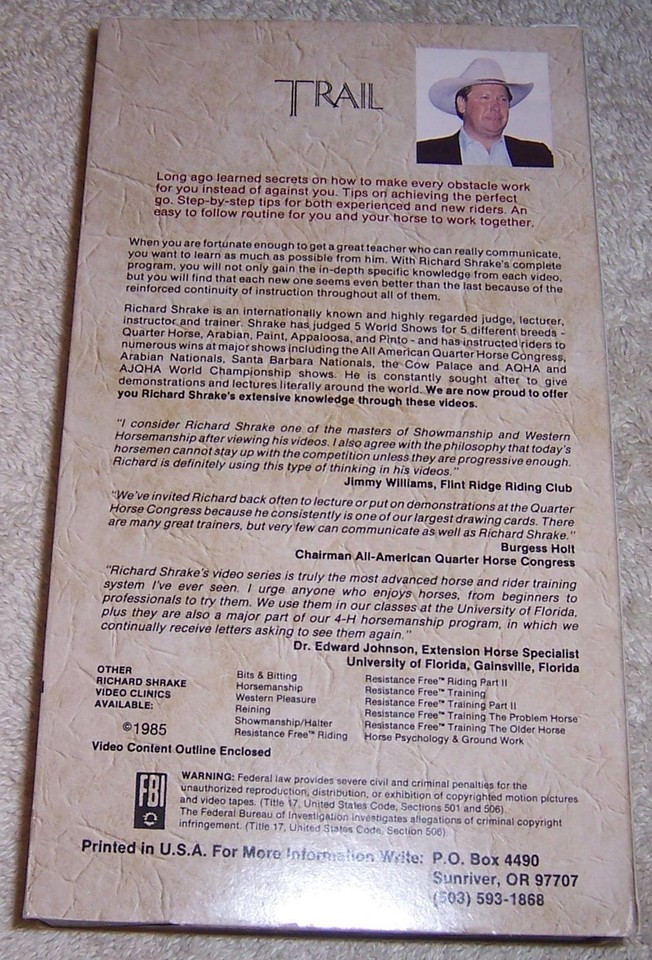 Trail VHS Video Richard Shrake's Horse Clinic Series training | eBay