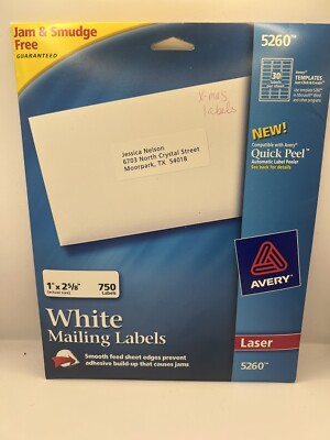 Avery Easy Peel Mailing Address Labels Laser 1 x 2 5/8 White 750/Pack ...