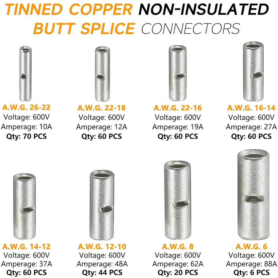 380pcs Non-Insulated Butt Connectors Kit Butt Splice Wire Electrical ...