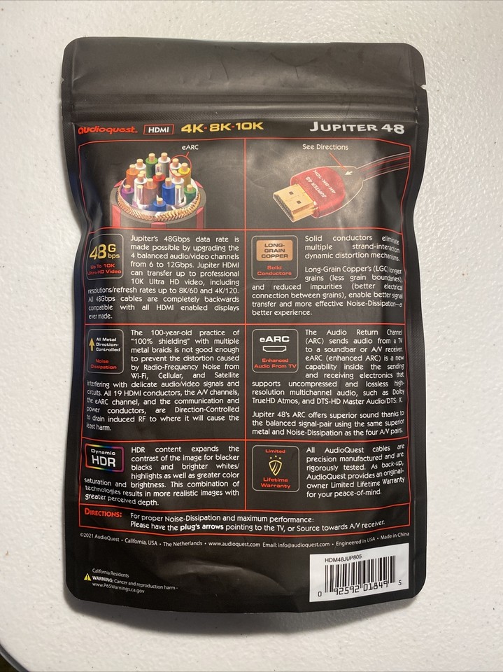 AudioQuest Jupiter 48g 8’ 4K-8K-10K HDMI Cable - Red New Sealed | eBay