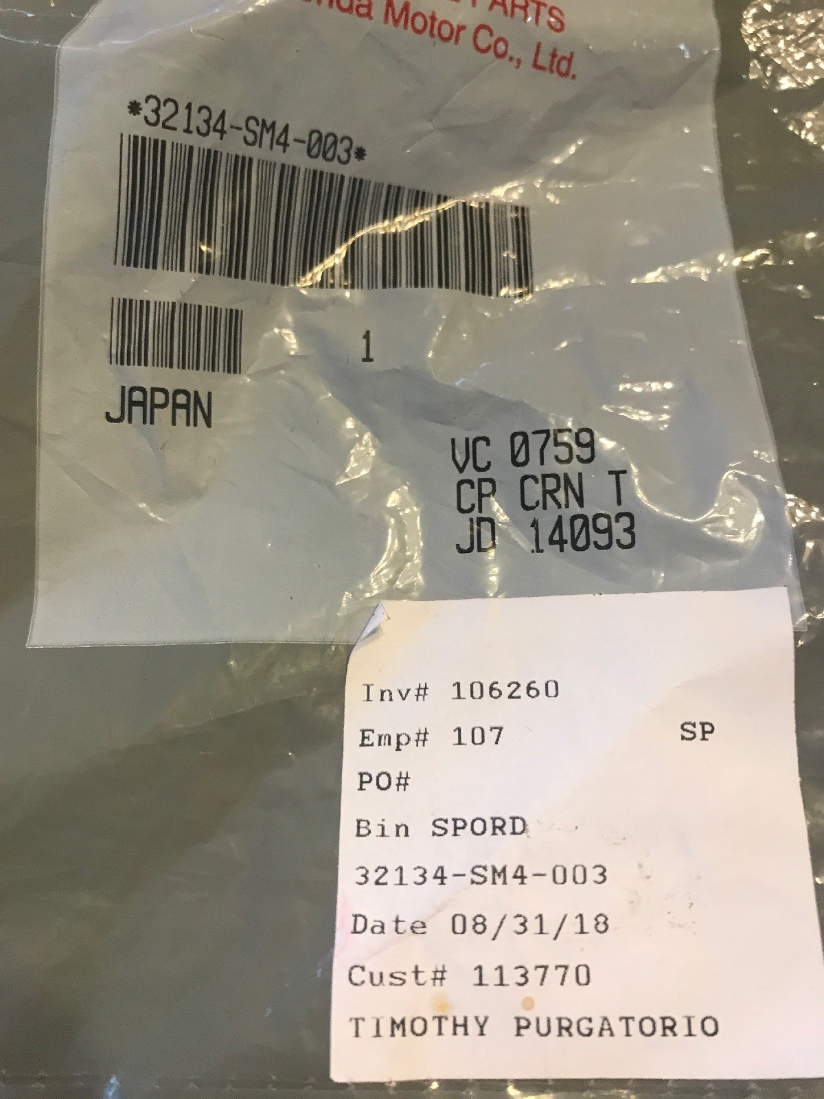 Genuine Parts Honda Motor 32134-SM4-003 Iimothy Purgatorio QTY1 Ships N ...