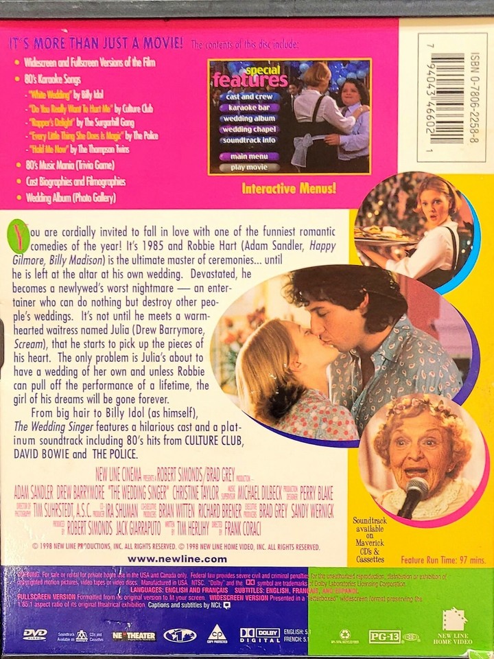 The Wedding Singer (DVD, 1998) Adam Sandler, Drew Barrymore ...