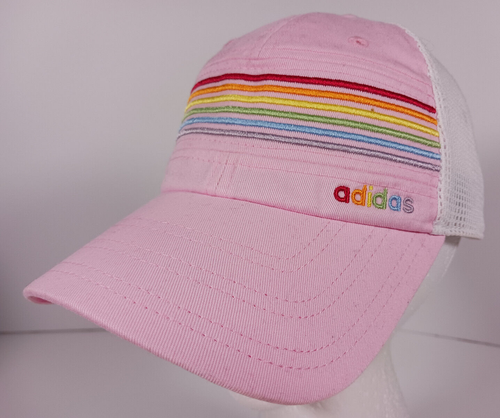 Adidas Pink White Mesh Rainbow Stripe Logo Adjustable Strapback Hat Cap ...
