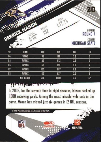 2009 Score Inscriptions Football Card #20 Derrick Mason | eBay