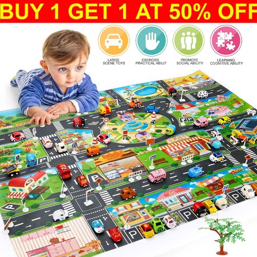Children's Kid Rugs Town Road Map City Cars Toy Rug Play Village Mat ...