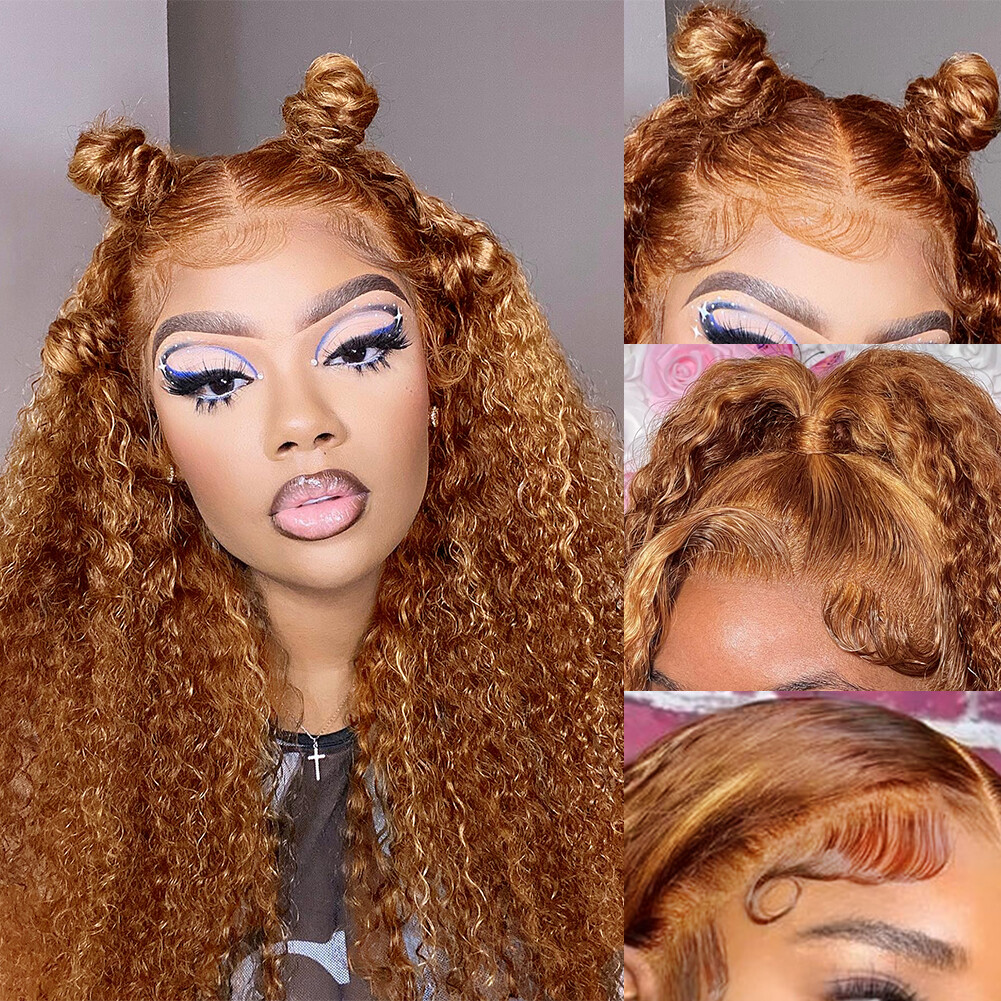 Highlight Curly Wig Human Hair Deep Wave 13×4 5/27 Colored HD Lace ...