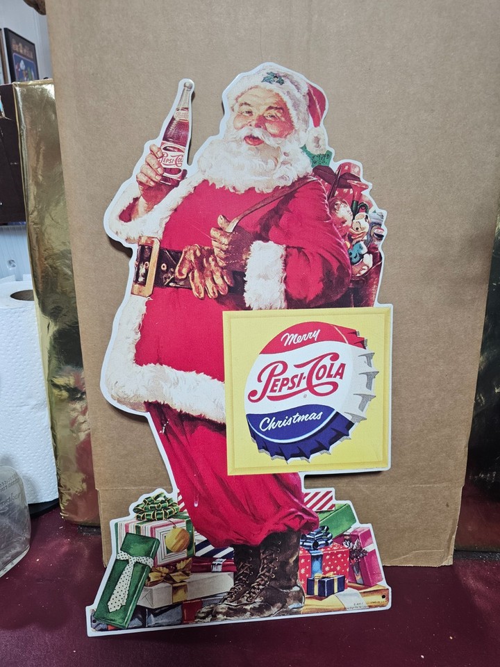 Vintage Santa Pepsi Cola Merry Christmas Advertising Litho Stout Tin ...