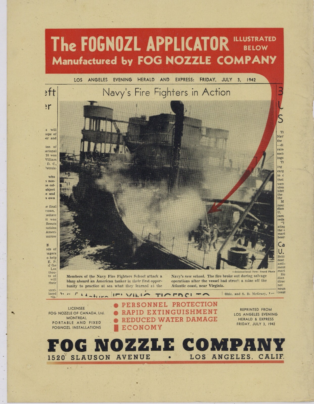 1942 Fog Nozzle Co. Ad: Fognozl Applicator at Naval Fire Fighter's ...