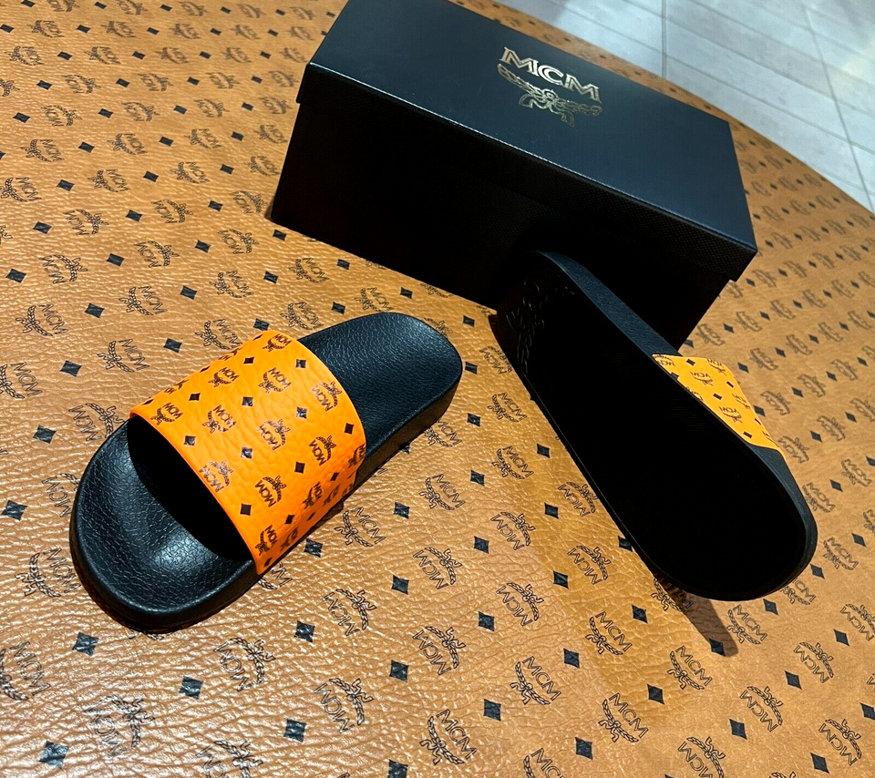 🔥MCM Italy Made Men's Visetos Print Rubber Orange Black Slides US 8~ 12 ...