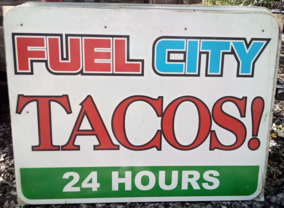 TACO BUENO/FUEL CITY TACOS ADVERTISING HWY EXIT SIGN BARN MAN CAVE ...