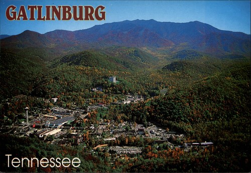 Gatlinburg Tennessee mountains city space tower fall foliage aerial ...