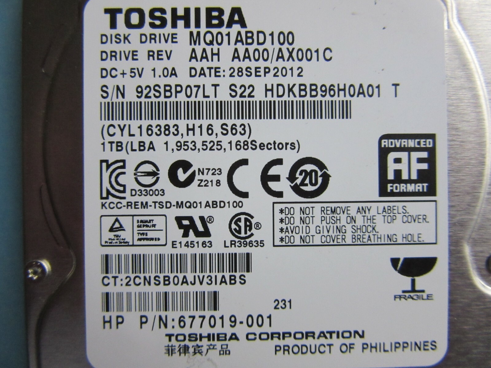 Toshiba 1TB SATA 2.5" HDD MQ01ABD100 AAH AA00 AX001C Sep 2012 S22 ...