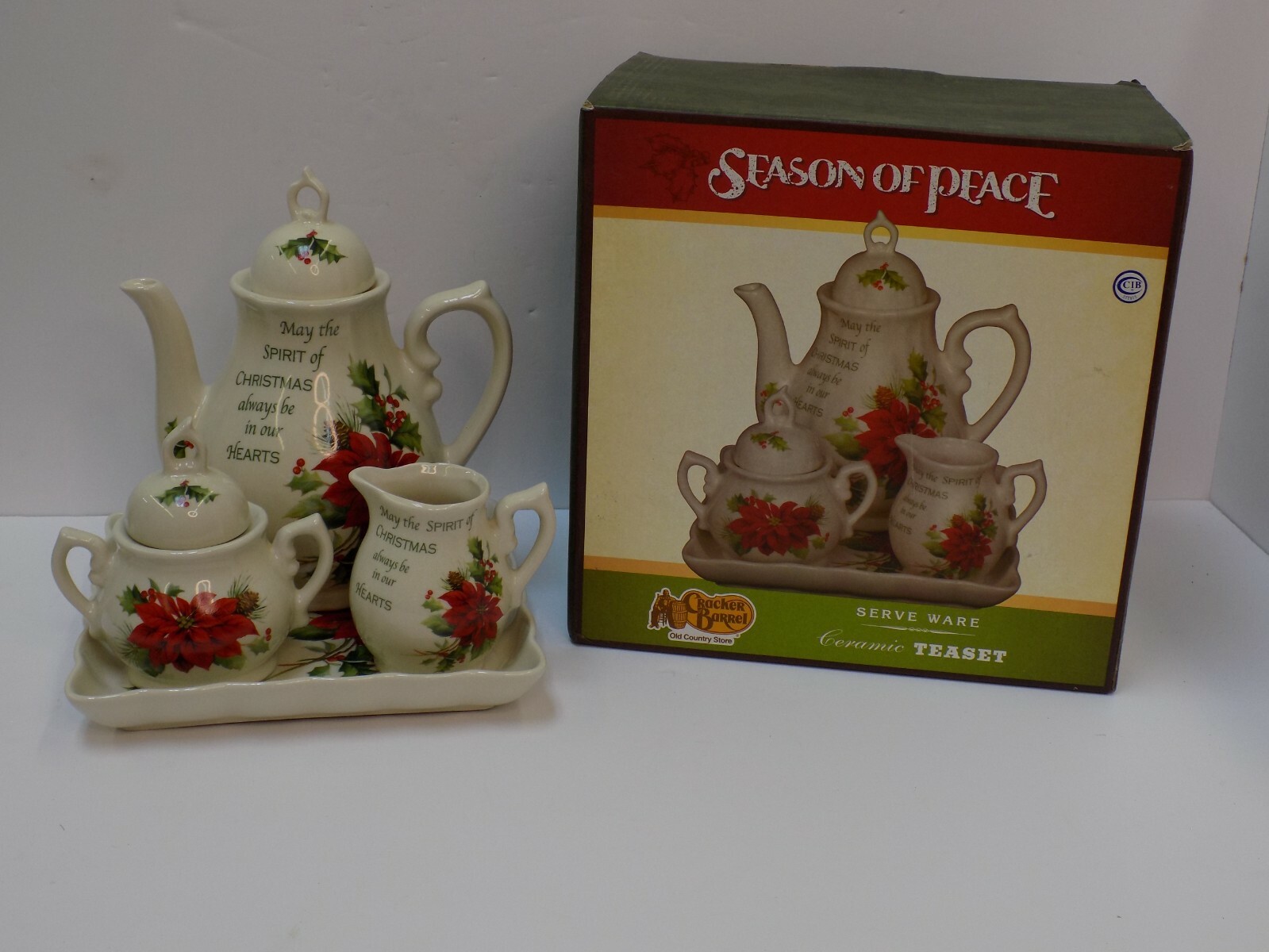Cracker Barrel Season Of Peace 6Pc Poinsettia Teaset Teapot Creamer ...
