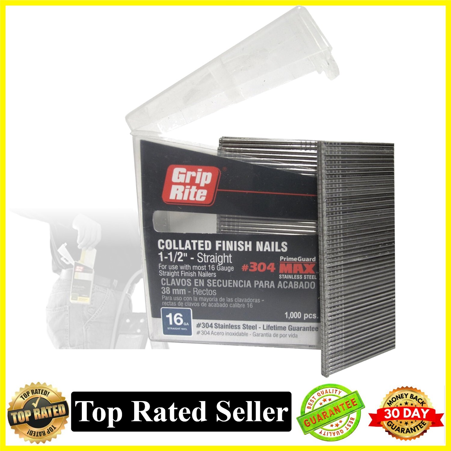 1000Pck 16 Gauge Stainless Steel Straight Finish Nails in Belt Clip Box ...