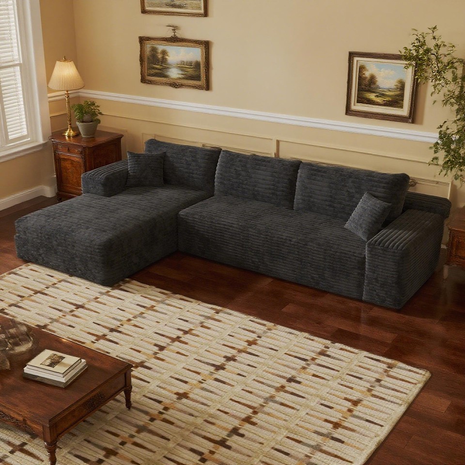 107"Black Plush L Shaped Sectional Couch Corduroy Boneless Sofa with ...