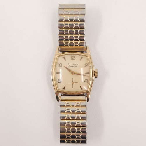 Bulova 17 Jewels Silver Gold Stretchy Wrist Watch Square Metal Mens ...