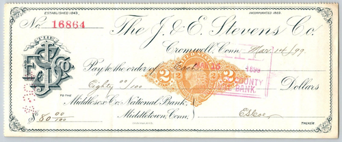 J&E Stevens Co. Cromwell / Middlesex National Bank Conn. 1899 Check w ...