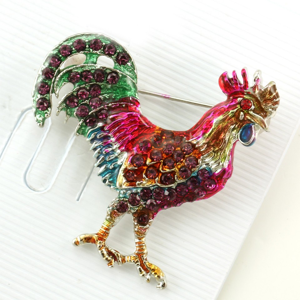 Chicken Rooster Hen Farm Animal Color Stone Crystal Brooch Pin Silver ...