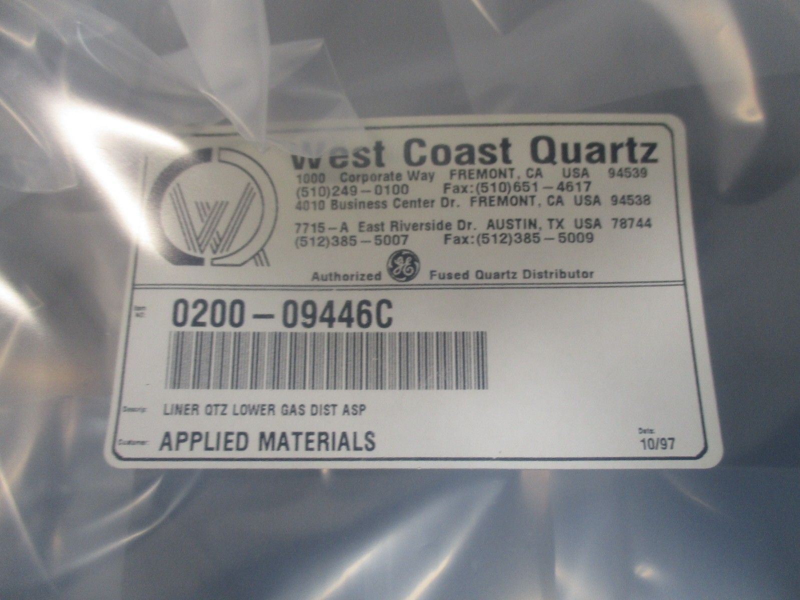 AMAT 0200-09446 LINER, QTZ, LOWER, GAS DIST, PRSP3, 112625 | eBay