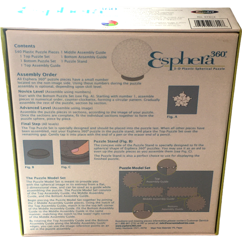 Rose Art Esphera 360 3-D Plastic Spherical Puzzle 540 Pieces 12" Globe ...