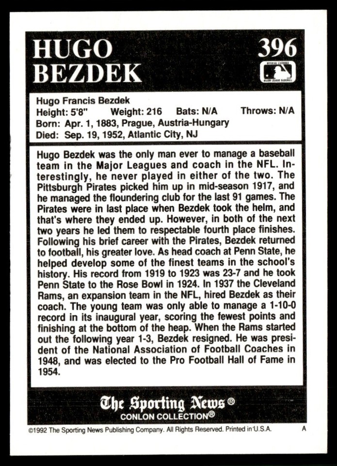 1992 Conlon Collection TSN Hugo Bezdek Pittsburgh Pirates #396 | eBay