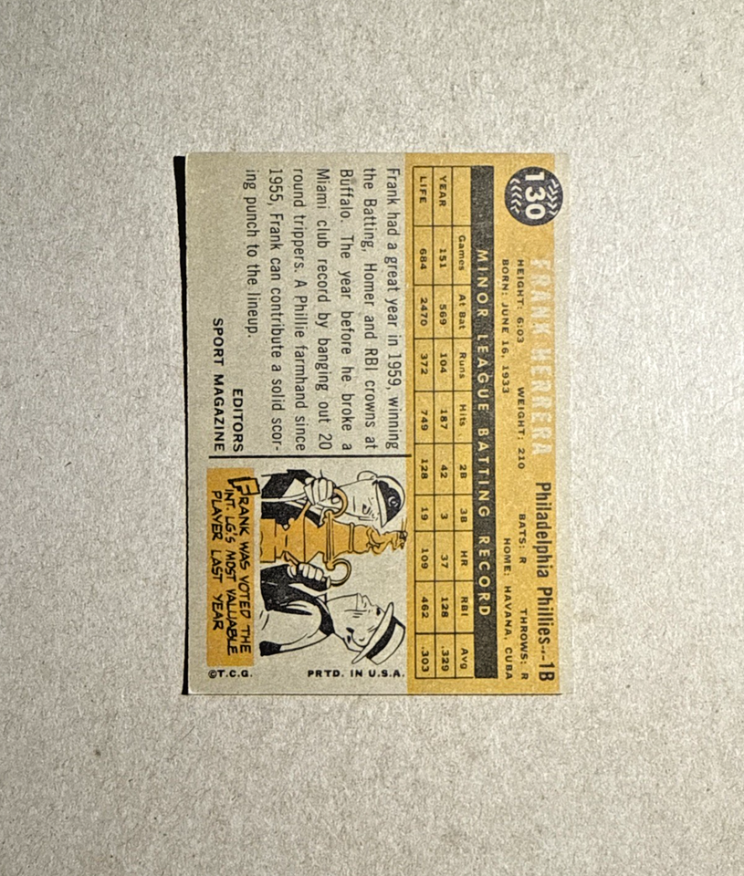 1960 Topps #130 Frank Herrera Vintage Rookie Baseball Card! EXMT+/NM | eBay