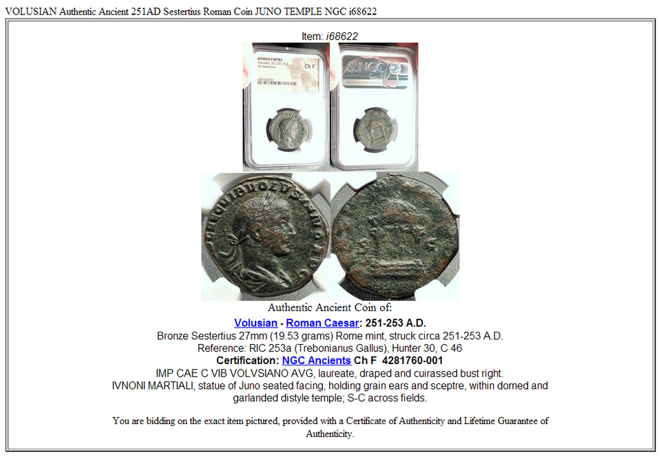 VOLUSIAN Authentic Ancient 251AD Sestertius Roman Coin JUNO TEMPLE NGC ...