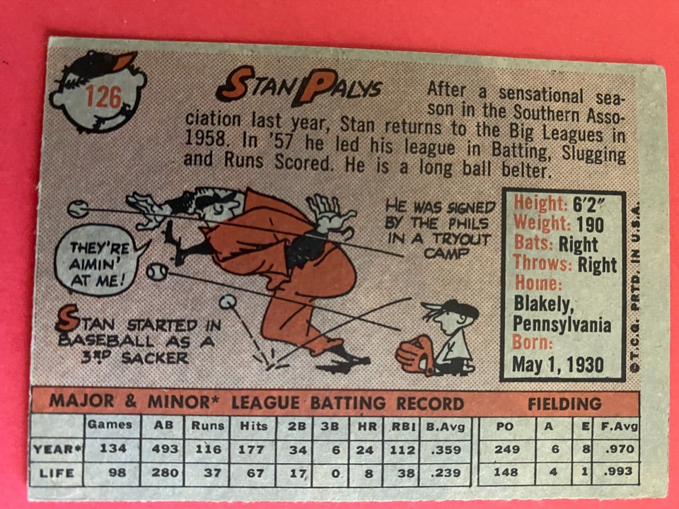 1958 Topps baseball card STAN PALYS #126 Cincinnati Redlegs | eBay