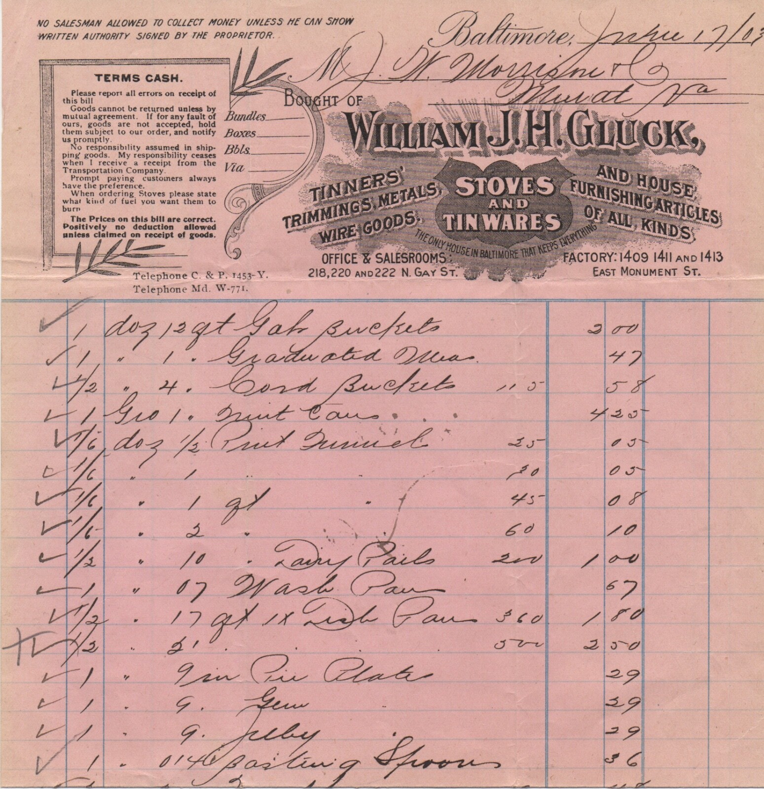 1903 Billhead William Gluck Stoves & Tinware Baltimore Maryland | eBay