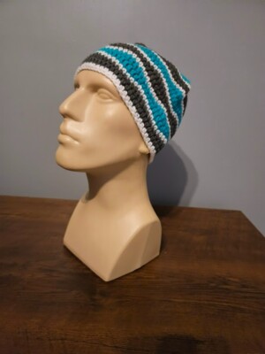 Crochet Handmade Brainwave Beanie Hat - Turquoise, Charcoal and White ...