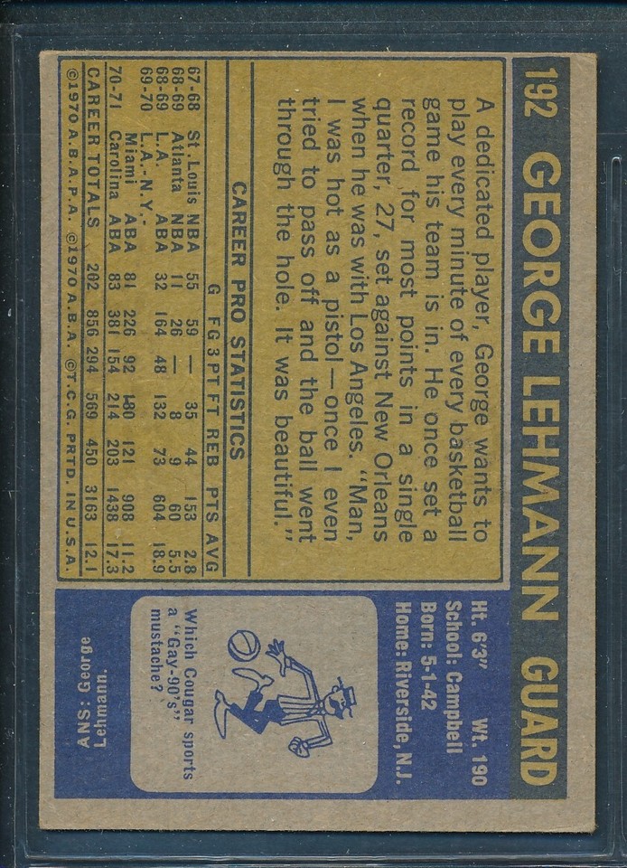 1971 Topps Basketball Set Break #192: GEORGE LEHMANN RC Carolina ...