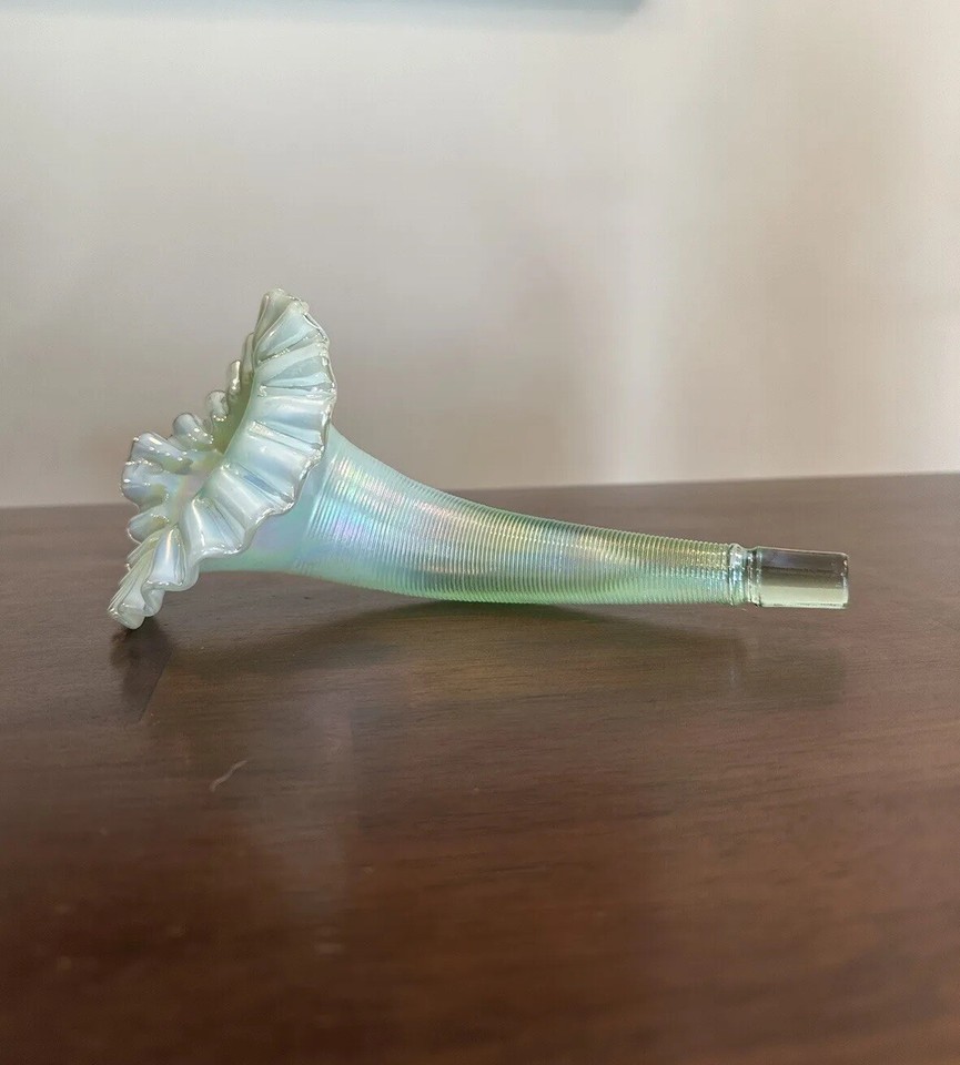 Vtg Fenton Glass Epergne Horn UV Reactive Ribbed Iridescent Sea Mist ...